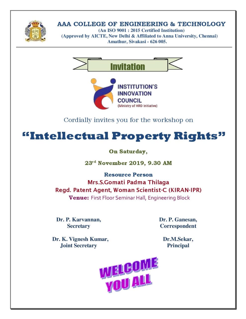 IPR Workshop for Faculty Members – AAA College of Engineering ...