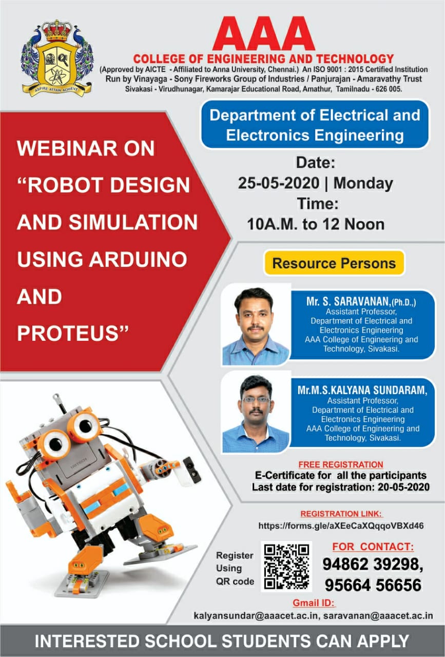 Webinar on Robot Design and Simulation using Arduino and Proteus – AAA College of Engineering ...