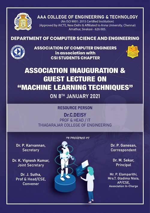 Cse Association Inauguration And Guest Lecture On Machine Learning Techniques 08 01 2021 Aaa