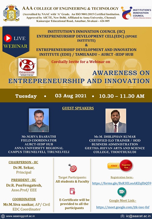 Webinar on “AWARENESS ON ENTREPRENEURSHIP AND INNOVATION” on 03/08/2021 ...