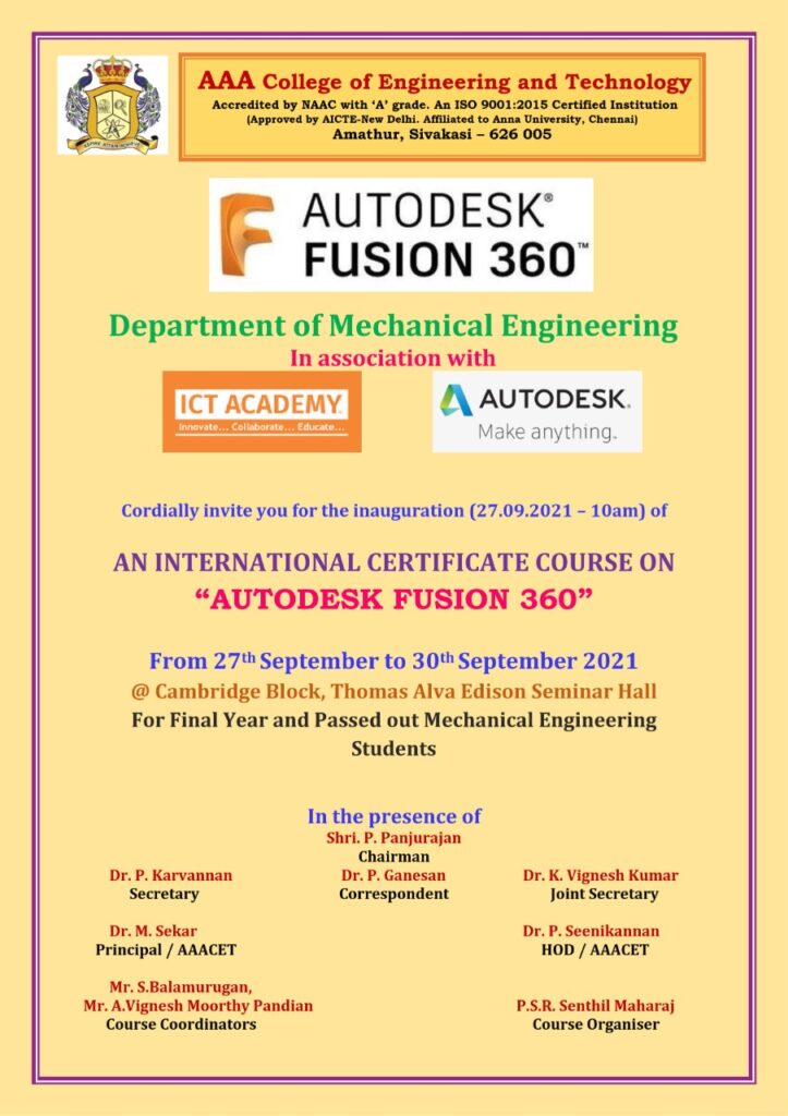 International Certification Course on “AUTODESK FUSION 360” – AAA ...