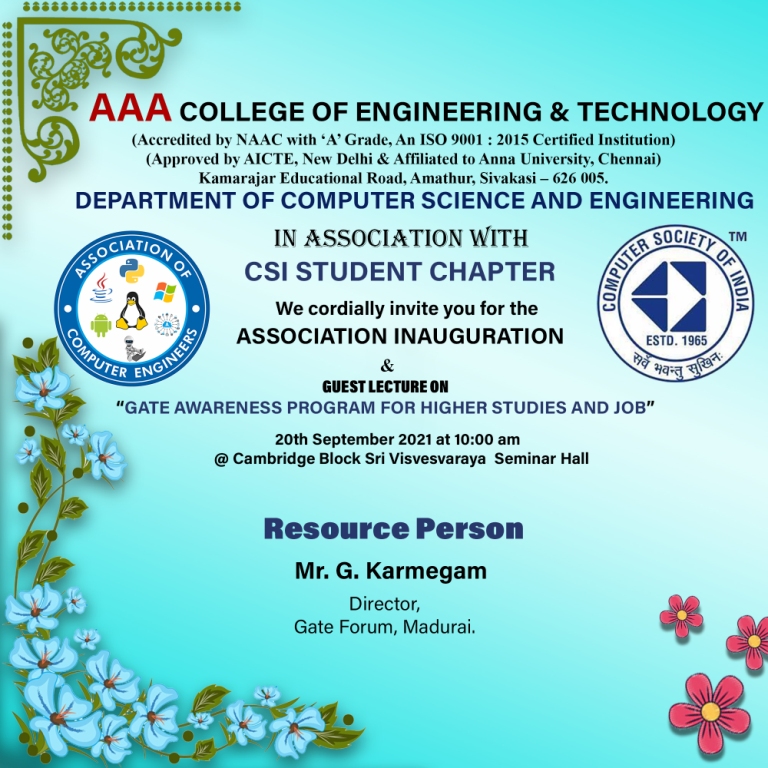 Inauguration of CSE Association and CSI Student Chapter – AAA College of Engineering ...