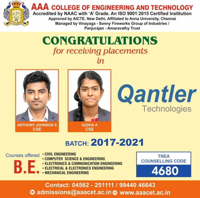 Congratulations for getting placement in Qantler Technologies – AAA College of Engineering ...