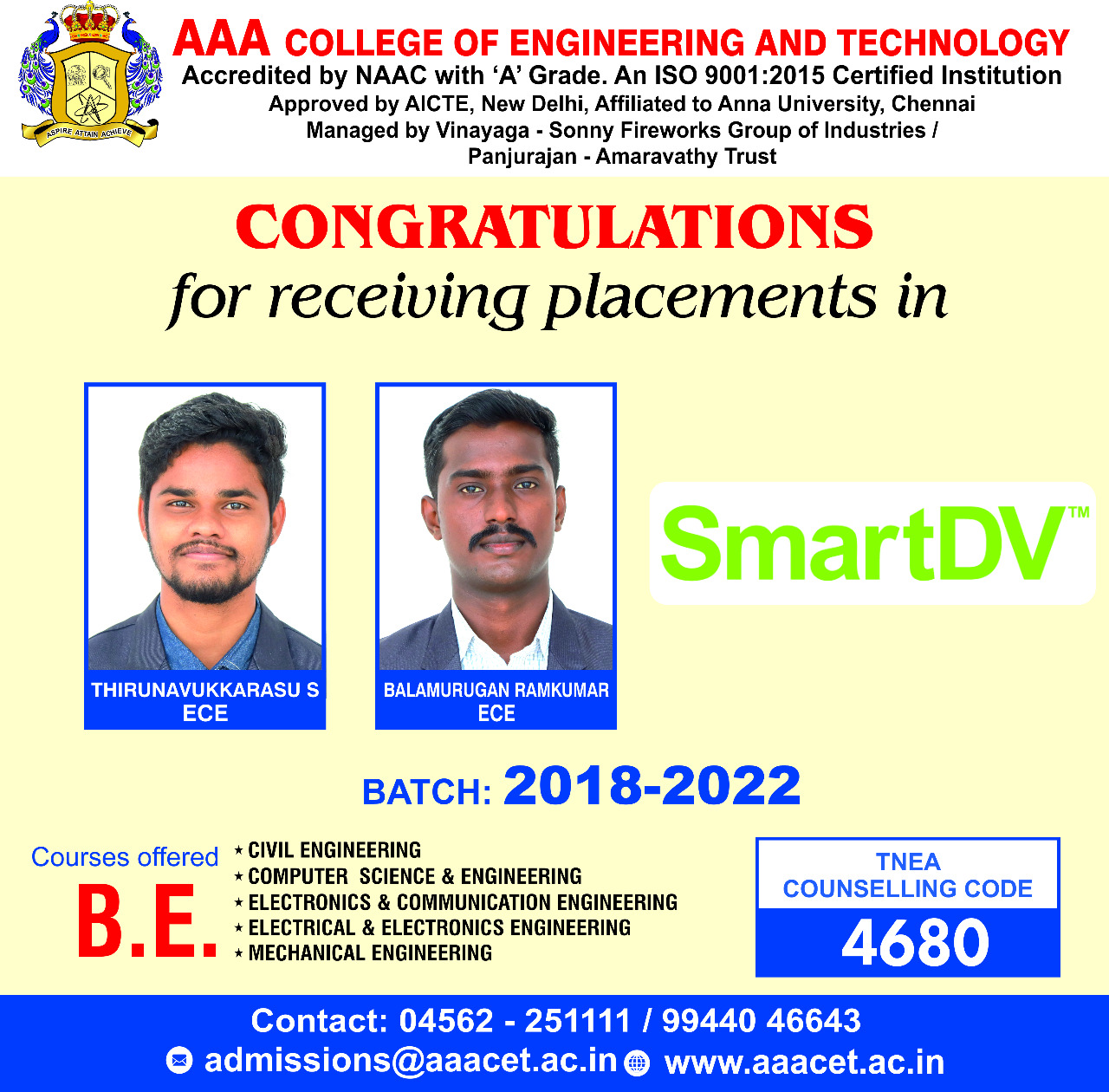 Congratulations for getting placement in SmartDV – AAA College of ...