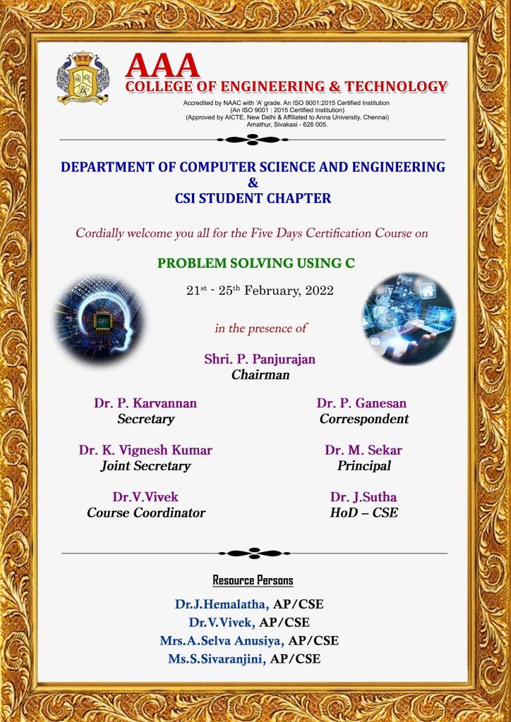 Five Days Certification Course on “Problem Solving using C” 21st to ...