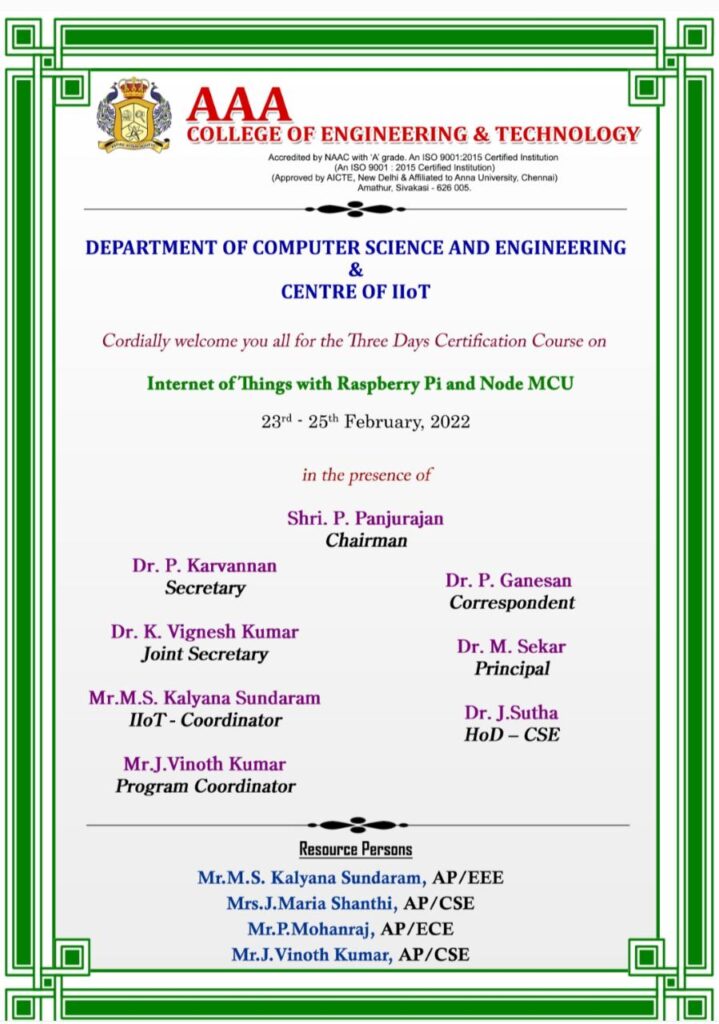 Certificate Course on "Internet of Things with Raspberry Pi and Node ...