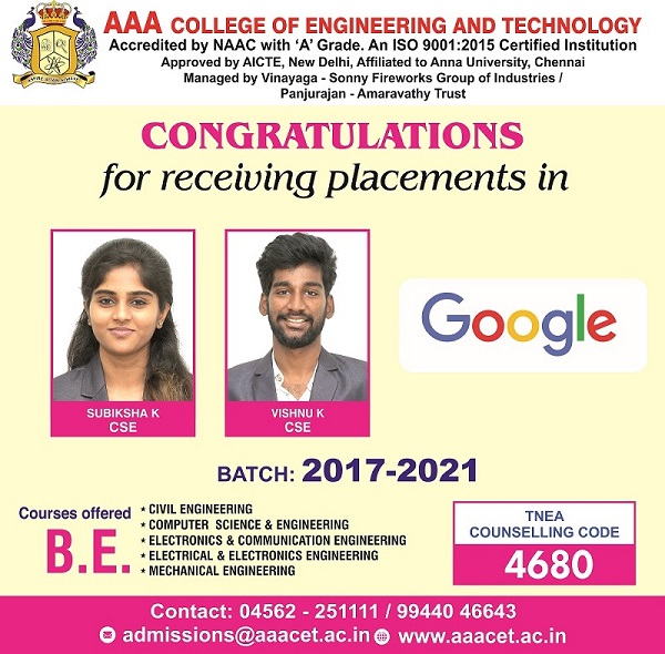 Congratulations for getting placement in Google – AAA College of ...