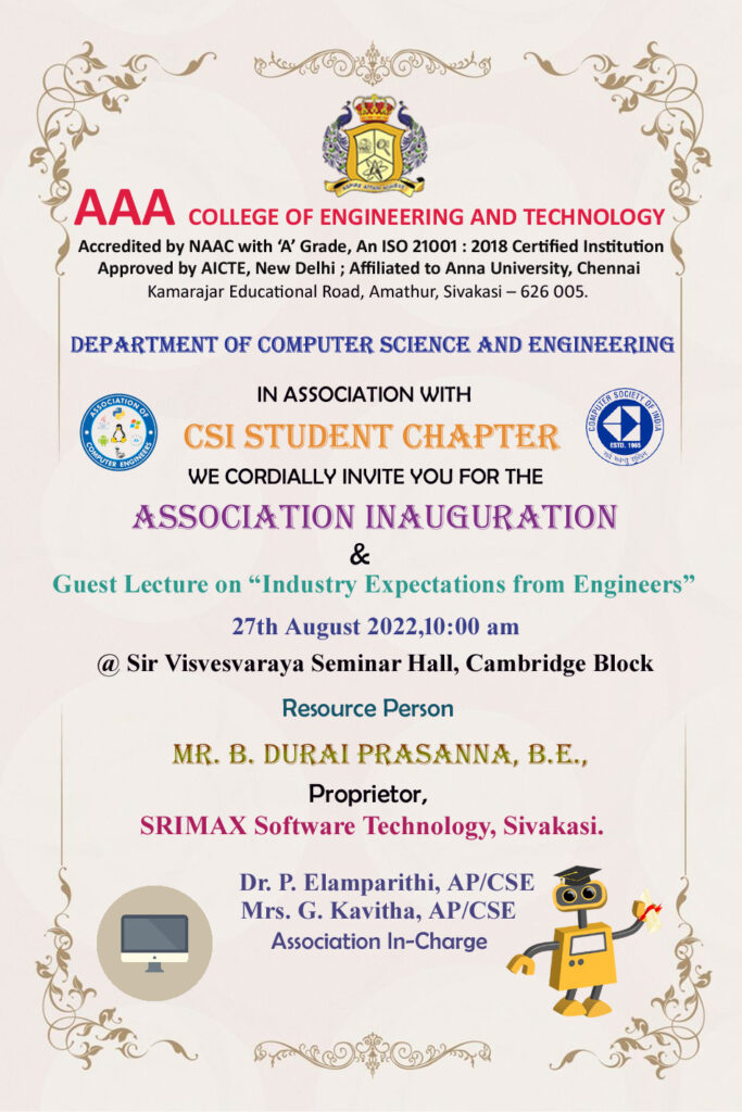 CSE Association Inauguration on 27/08/2022 – AAA College of Engineering & Technology, Sivakasi