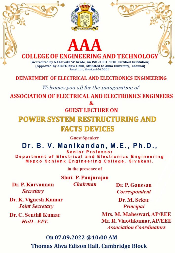 EEE Association Inauguration – 07/09/2022 – AAA College of Engineering ...