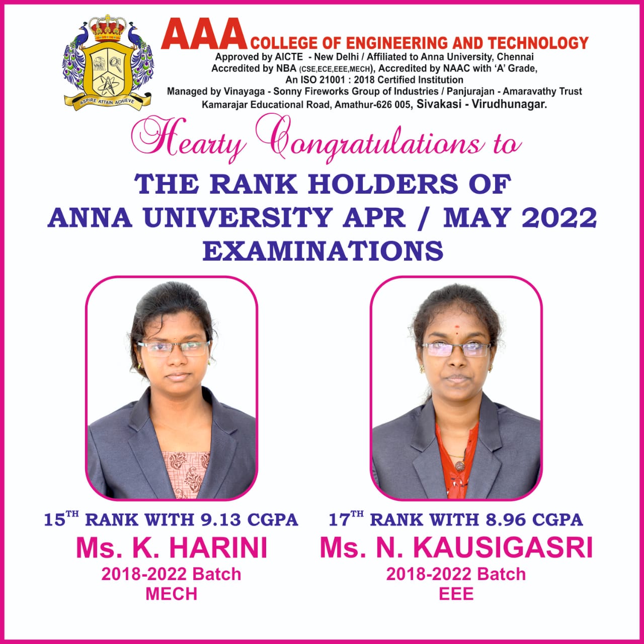 Congratulation to Anna University Rank Holders – AAA College of Engineering & Technology, Sivakasi
