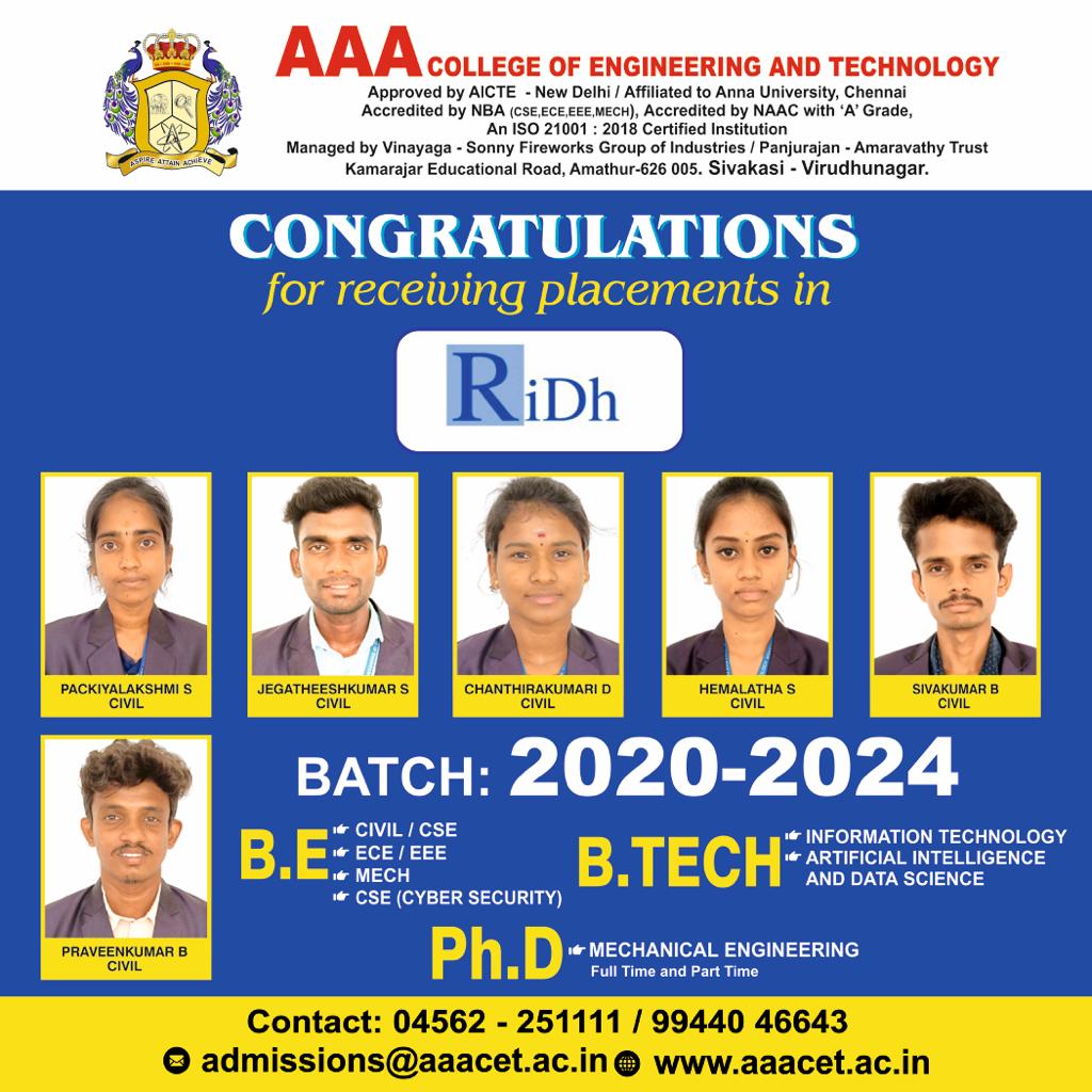 Congratulations for receiving Placements in RiDh – AAA College of Engineering & Technology, Sivakasi