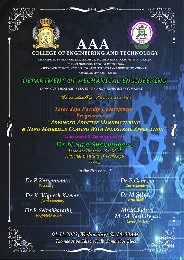 Three Day’s Faculty Development Programme on “Advanced Additive Manufacturing & Nano Materials ...