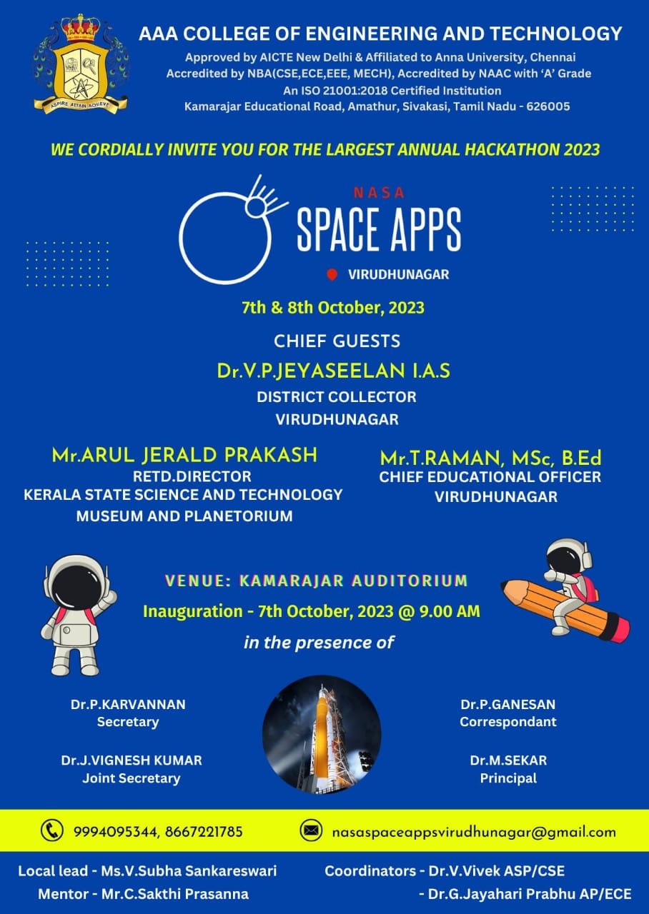 NASA SPACE APPS Boot Camp on 7th and 8th October 2023 – AAA College of ...