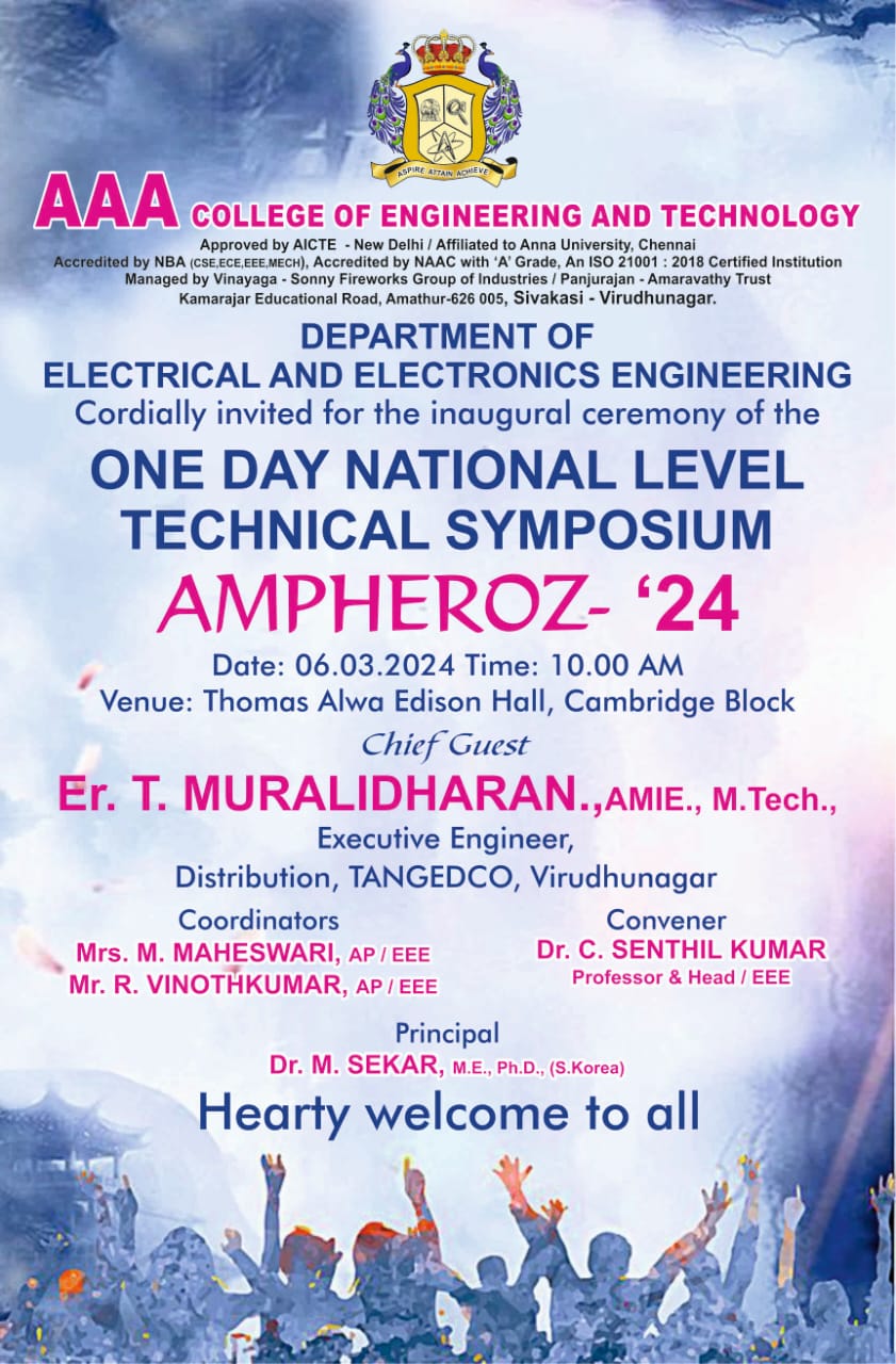 National Level Technical Symposium “AMPHEROZ’24” on 06.03.2024 - AAA ENGINEERING COLLEGE