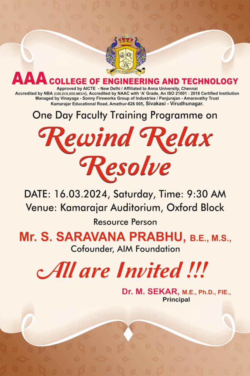 Faculty Training Program on "Rewind Relax Resolve" on 16.03.2023 - AAA ...