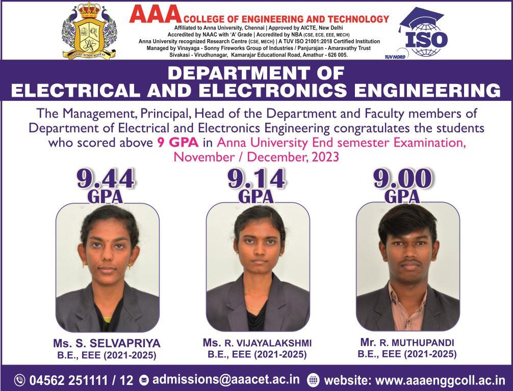 Congratulations to the top scorers in EEE Department – AAA College of ...